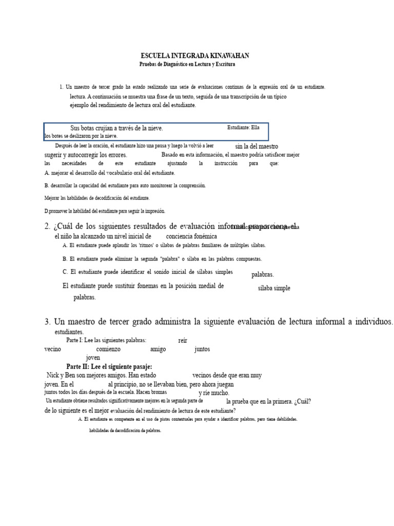 Prueba Diagnóstica de Lectura y Escritura | PDF | Metodología de ...