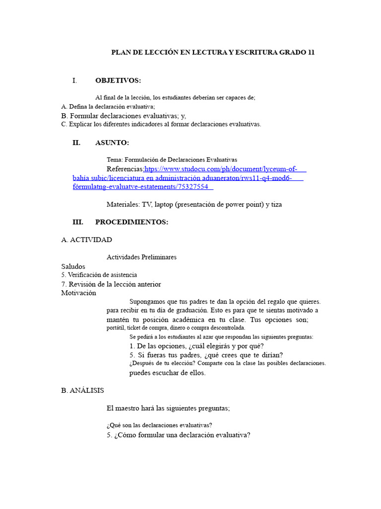 PLAN DE LECCIÓN EN LECTURA Y ESCRITURA GRADO 11 | PDF