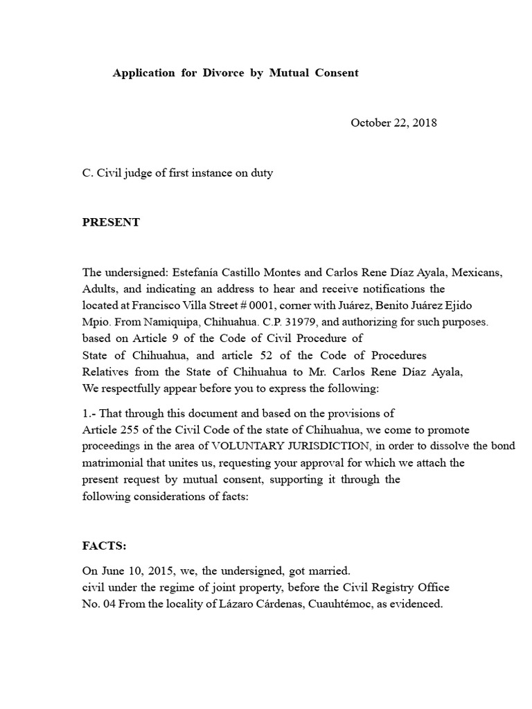 Draft of Voluntary Divorce Application | PDF | Divorce | Marriage