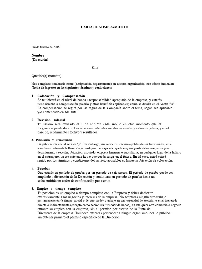 Carta de Nombramiento Laboral Detallada | PDF | Business | Salario