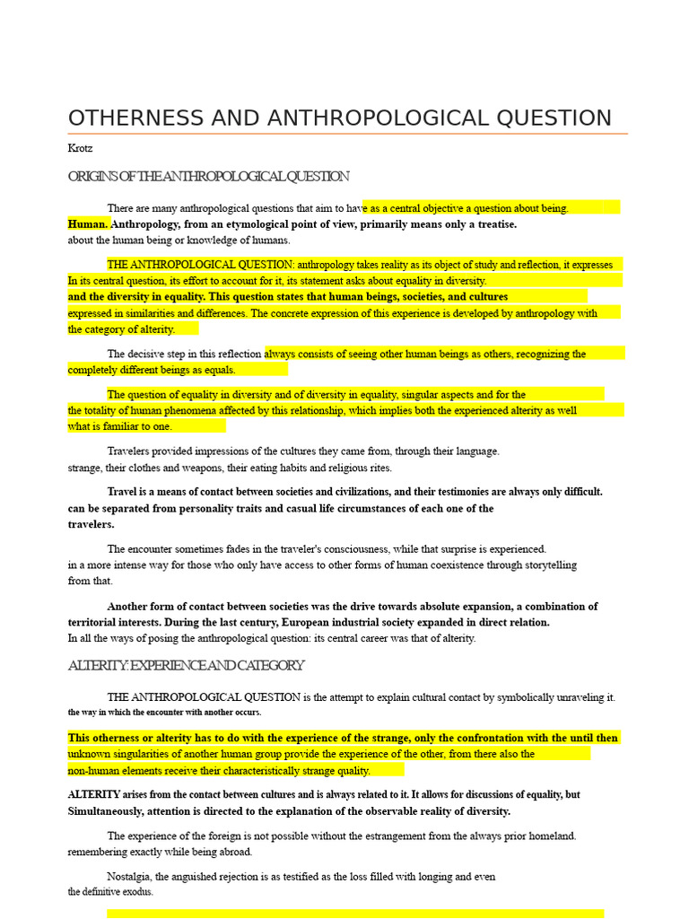 Alterity and Anthropological Question Summary Krotz | PDF | Experience ...