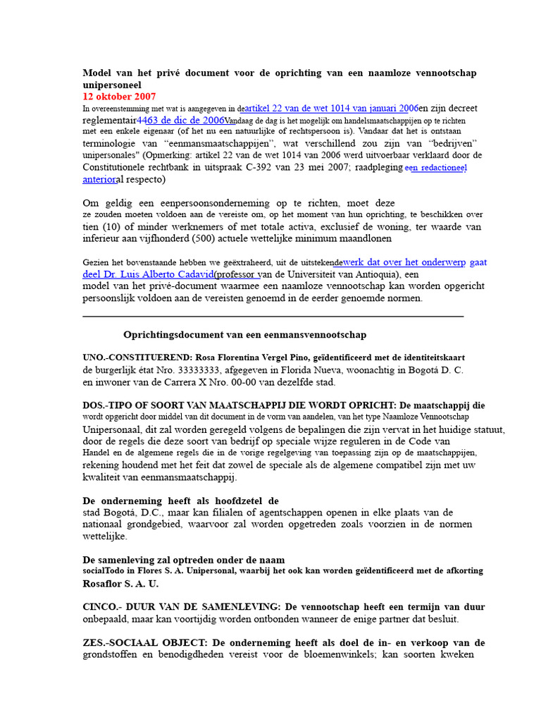 Model Van Het Privédocument Voor de Oprichting Van Een Naamloze ...