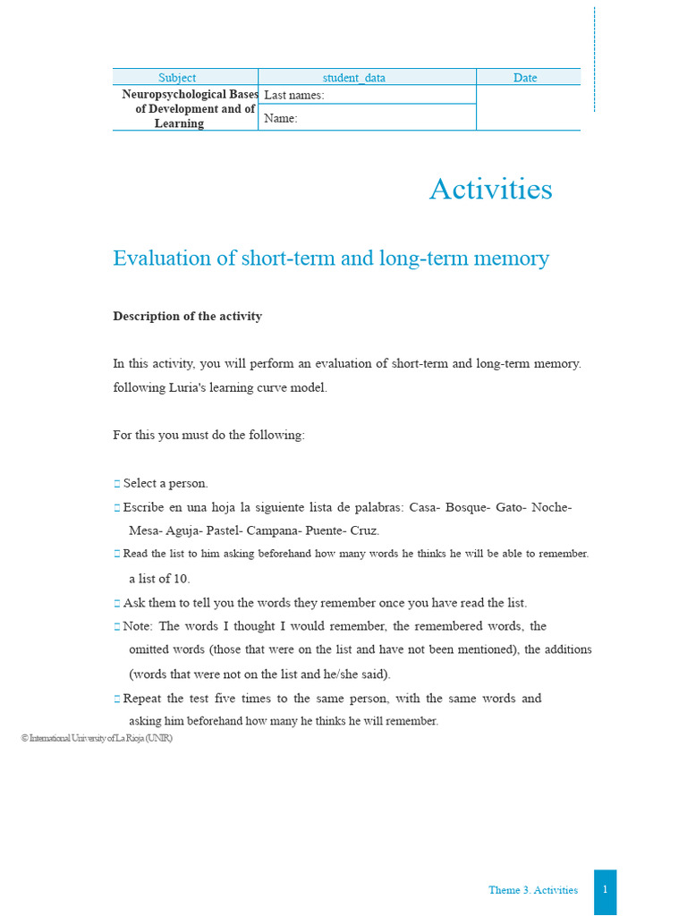 Memory Evaluation Activity Guide | PDF | Memory | Essays