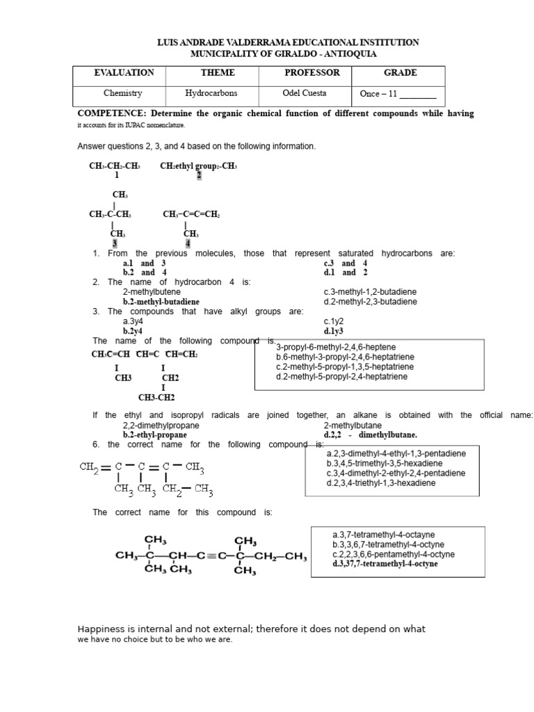 EVALUATION of Chemistry Alkanes Alkenes and Alkynes | PDF | Alkene | Alkane