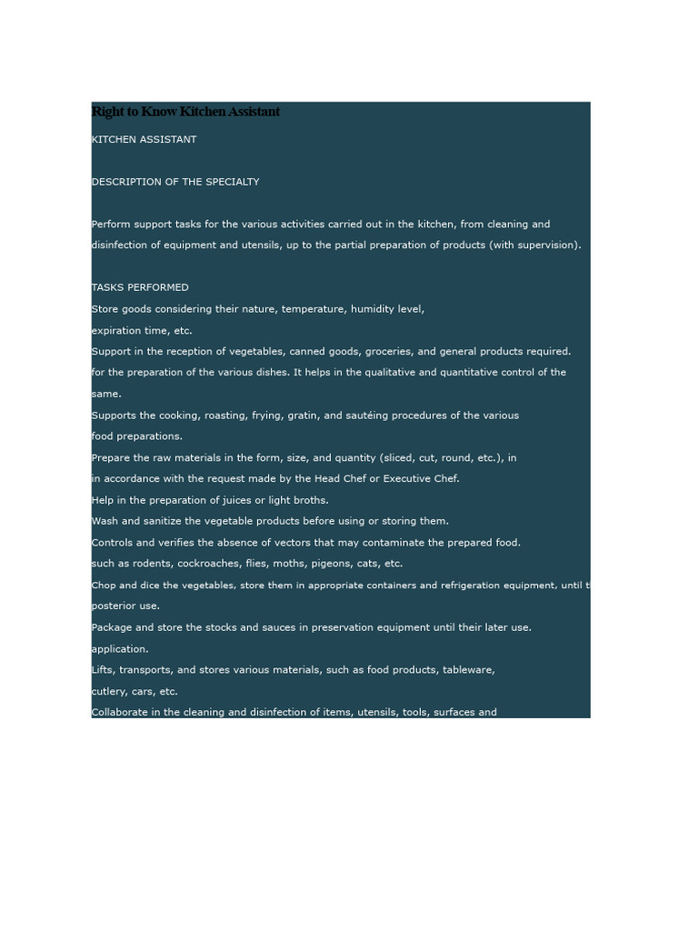 Kitchen Assistant Job Responsibilities | PDF | Hygiene | Infection