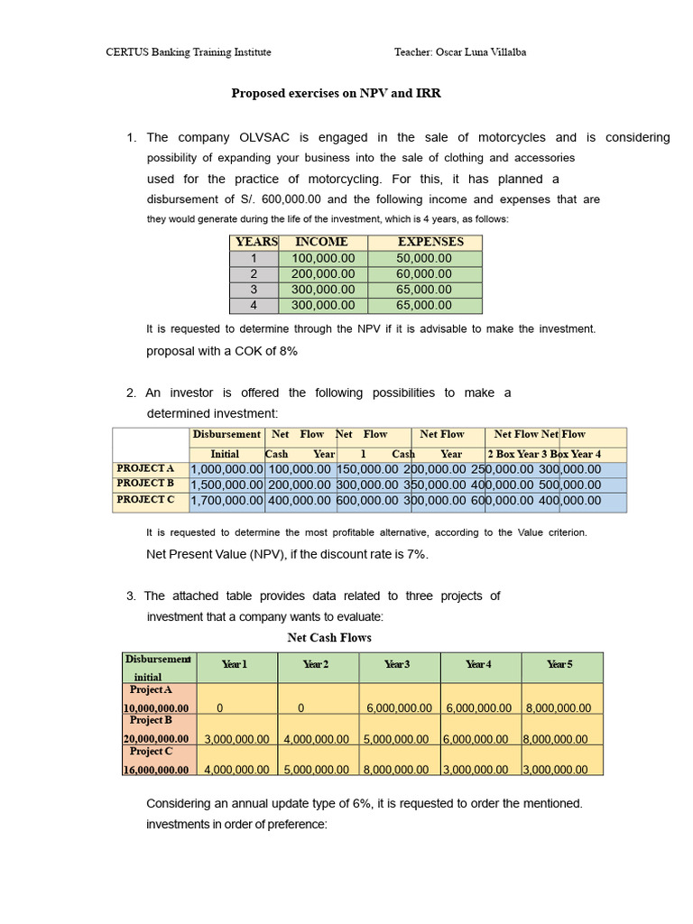 NPV and IRR Analysis for Investments | PDF | Net Present Value ...