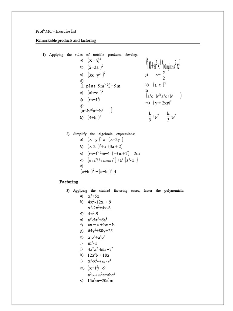 Special Products and Factoring Exercises | PDF | Factorization ...