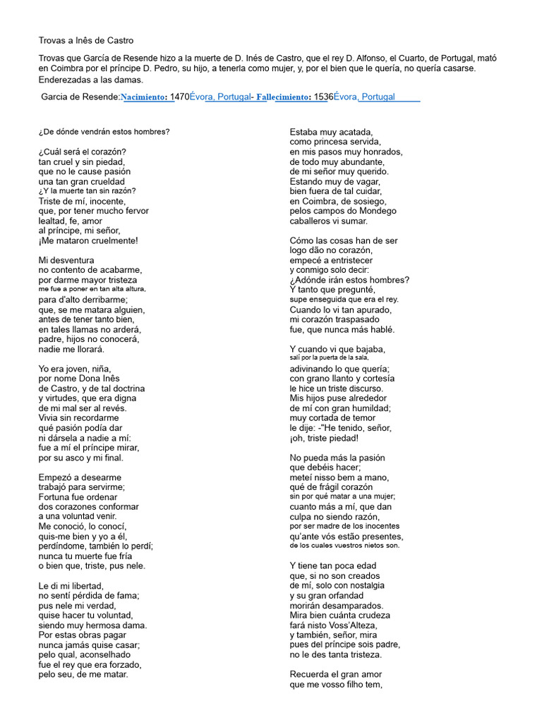 Trovas a Inés de Castro-García de Resende | PDF