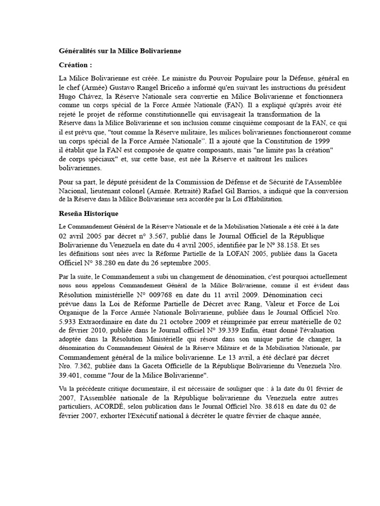 Généralités sur la Milice Bolivarienne | PDF | Milice | Hugo Chavez