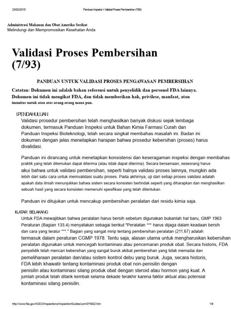 Validasi Proses Pembersihan - FDA | PDF