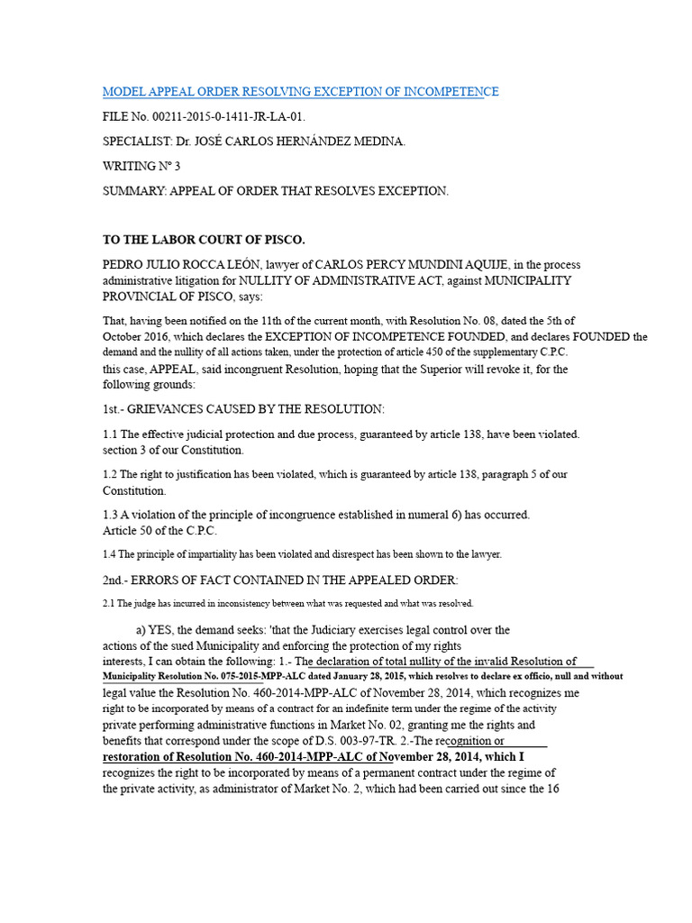 Appeal Order Resolving Exception of Incompetence | PDF | Lawsuit | Judge