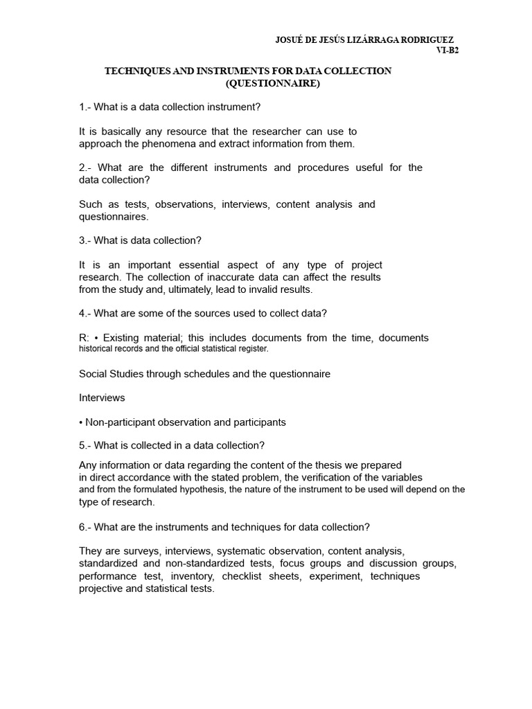 Questionnaire On Techniques and Instruments For Data Collection | PDF | Survey Methodology ...