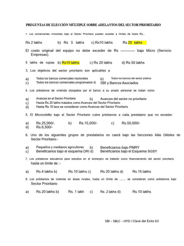 006 Preguntas de Opción Múltiple Del Sector Prioritario | PDF | Bancos ...