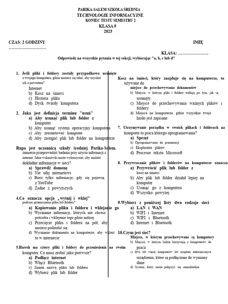 Klasa 9 IT Termin 2 Test Końcowy 2023 2 - Kopia | PDF