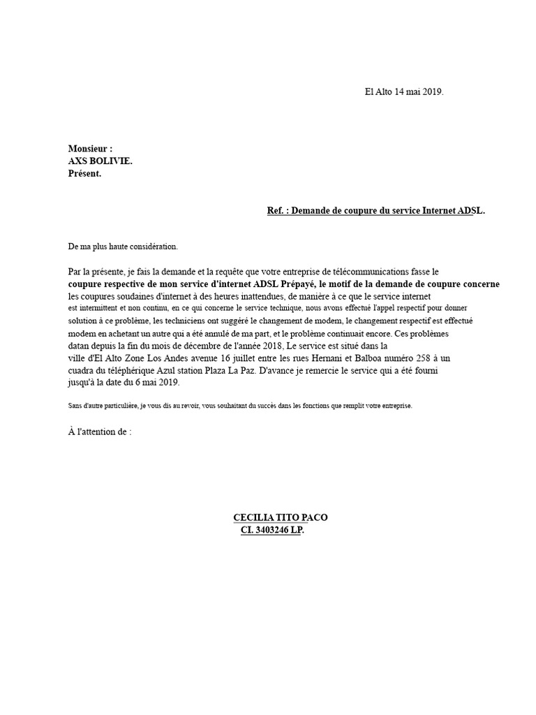 Demande de coupure Internet ADSL El Alto | PDF