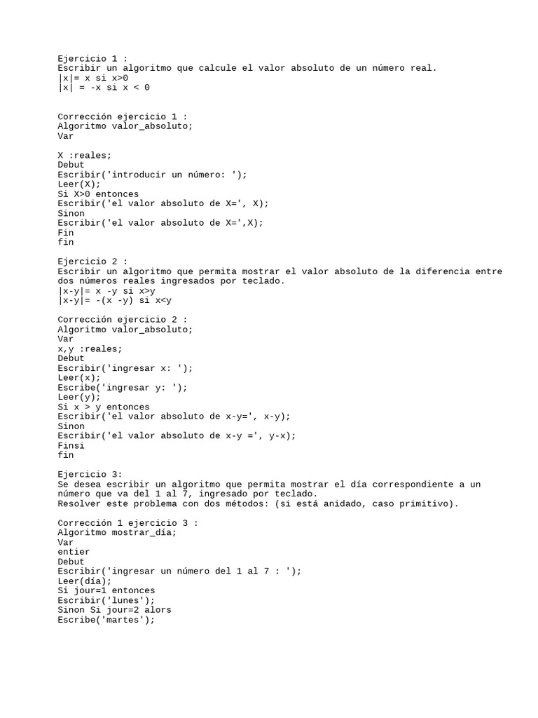 Algoritmo Ejercicios y Soluciones | PDF | Algoritmos | Matemática Elemental