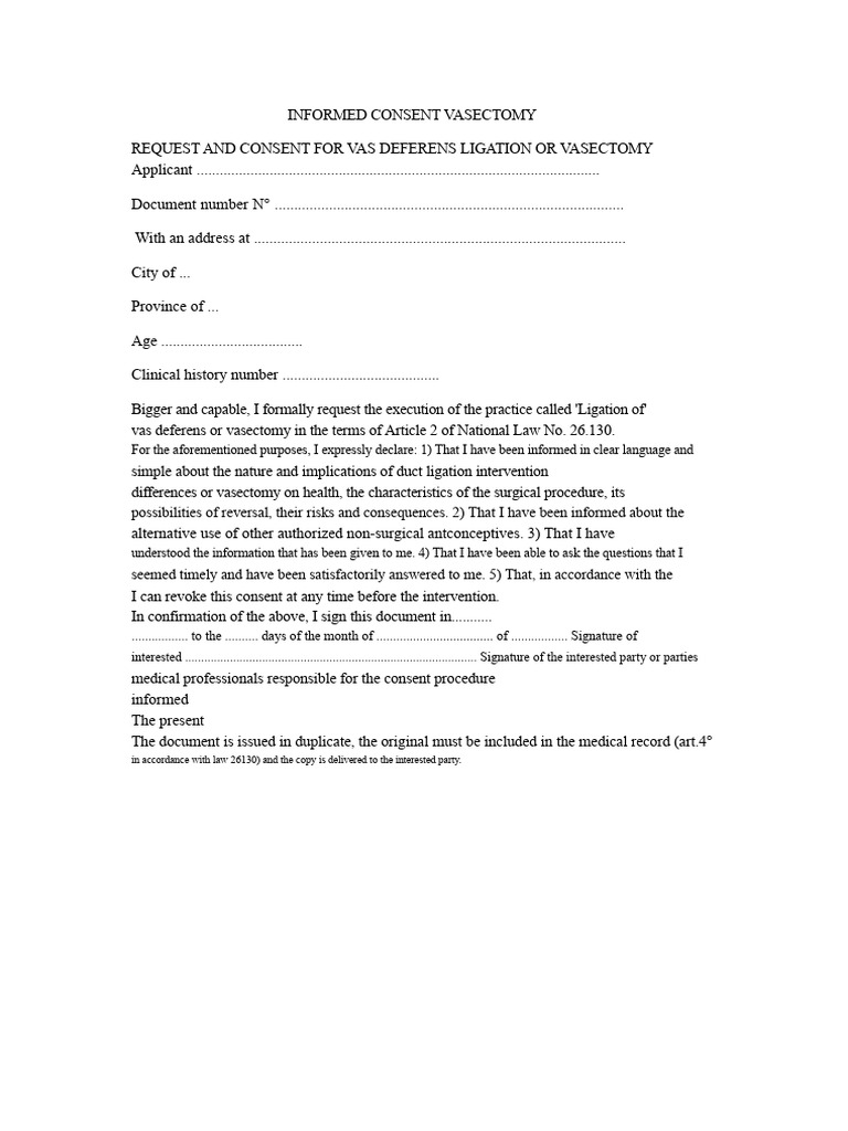 Informed Consent for Vasectomy | PDF