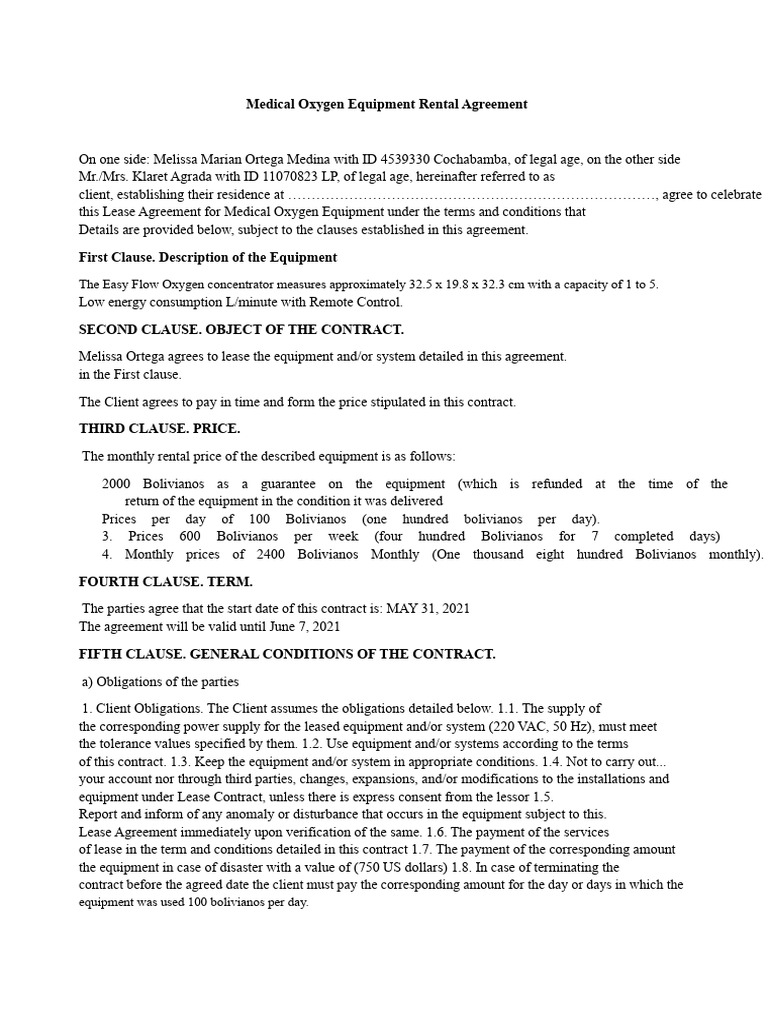 Medical Oxygen Equipment Rental Agreement | PDF | Lease | Business Law