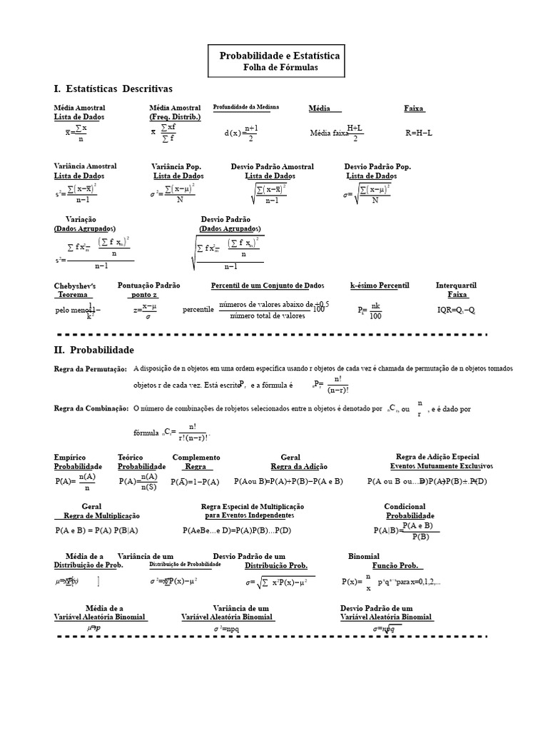 Fórmulas de Estatística e Probabilidade | PDF | Desvio padrão ...