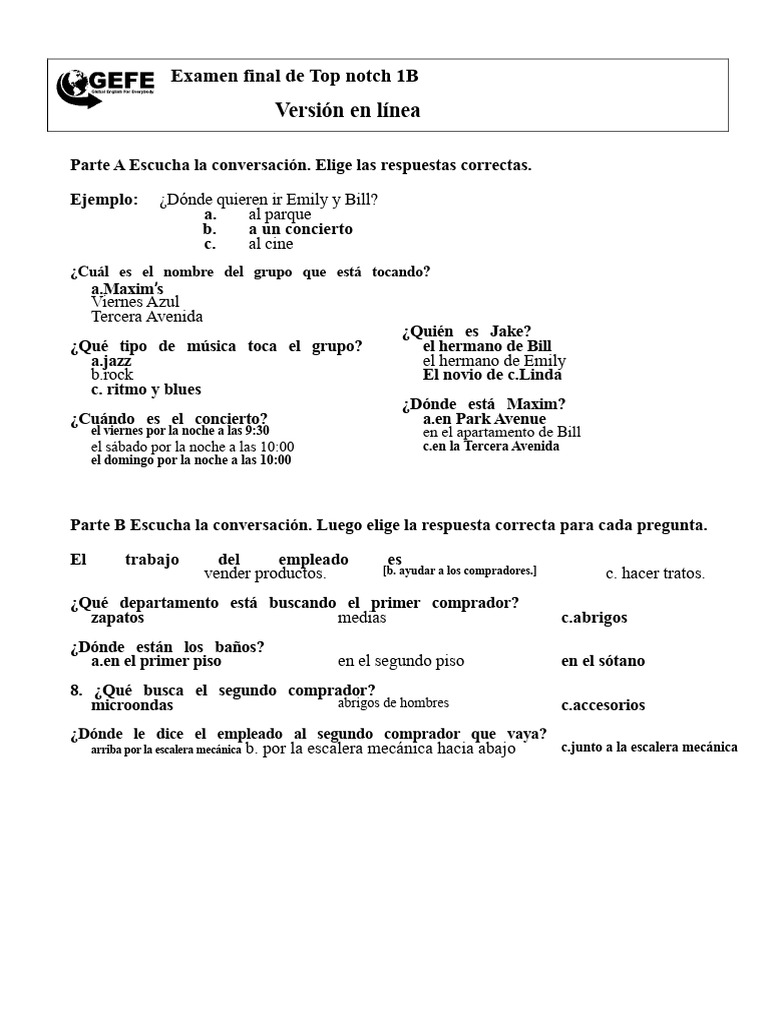 Examen Final en Línea de Top Notch 1B | PDF | Lingüística