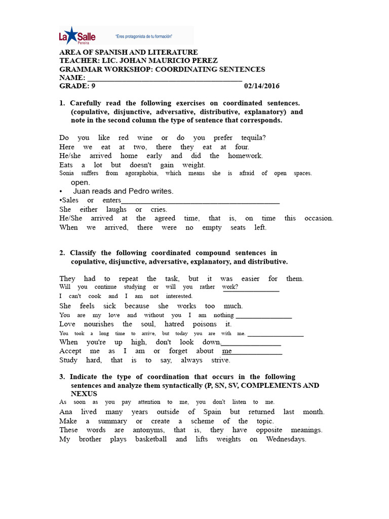 Exercises on coordinated sentences | PDF | Language Mechanics | Grammar