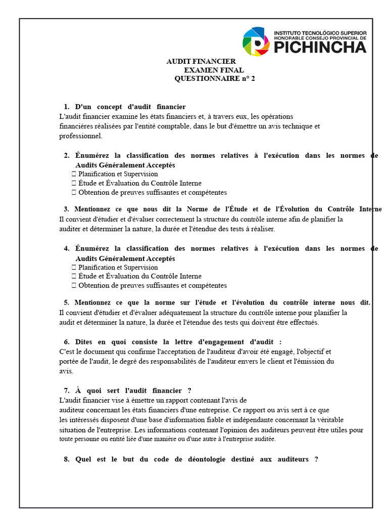 Questionnaire No. 2-Audit Financier | PDF | Audit | Audit financier