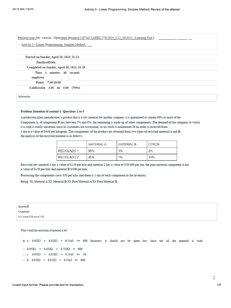 Activity 3 - Linear Programming. Simplex Method - Review of Attempt 2 | PDF | Linear Programming ...
