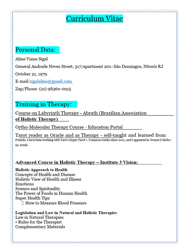 Curriculum Vitae Holistic Therapist | PDF | Ayurveda | Alternative Medicine