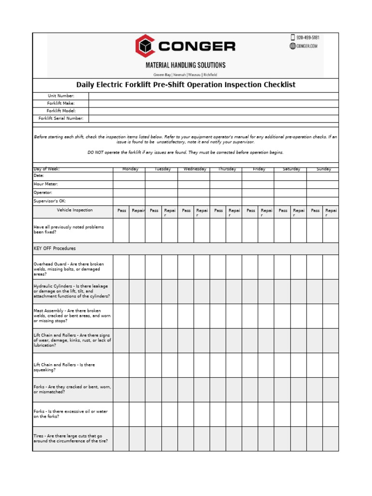 Electric Forklift Daily Forklift Pre Shift Operation Inspection