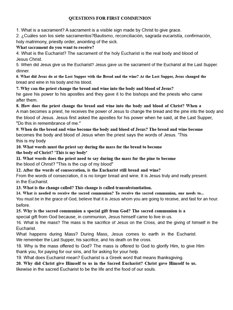 Questions For First Communion | PDF | Eucharist | Baptism