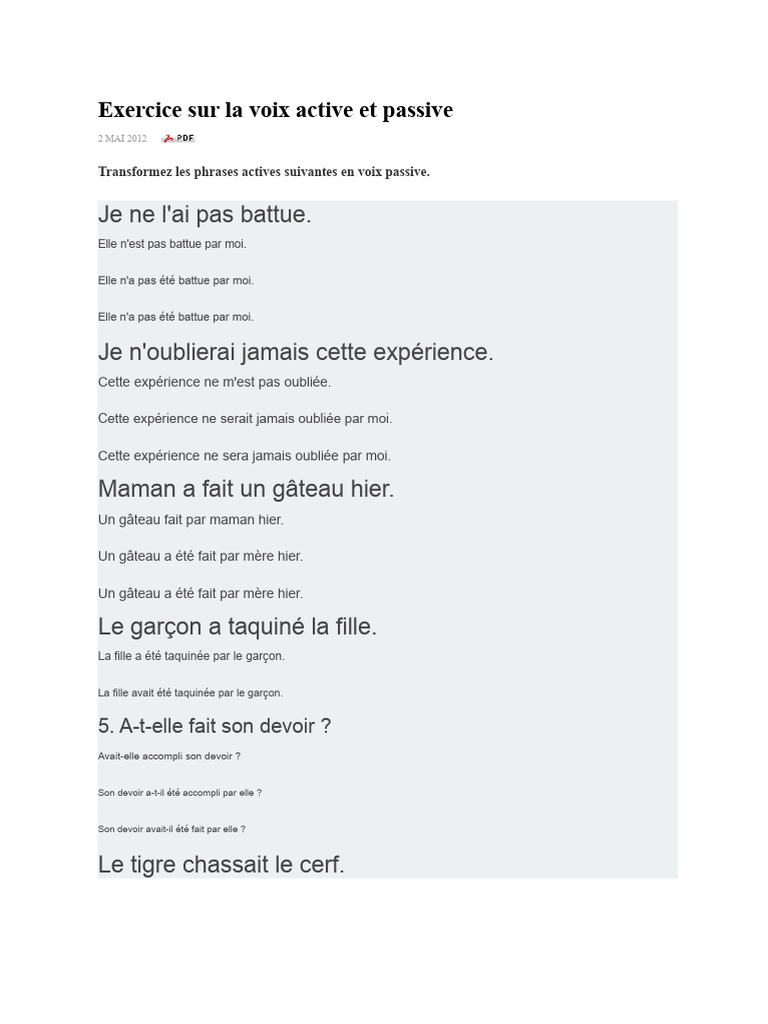 Exercices de transformation voix active/passive | PDF