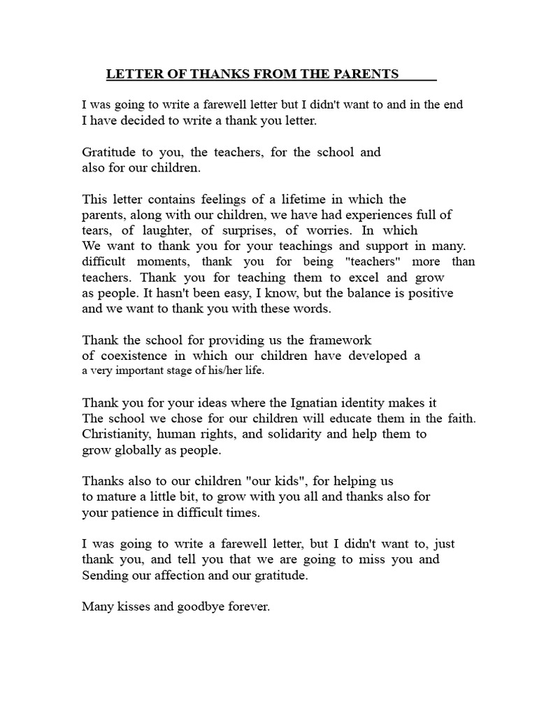 Heartfelt Thank You Letter from Parents | PDF