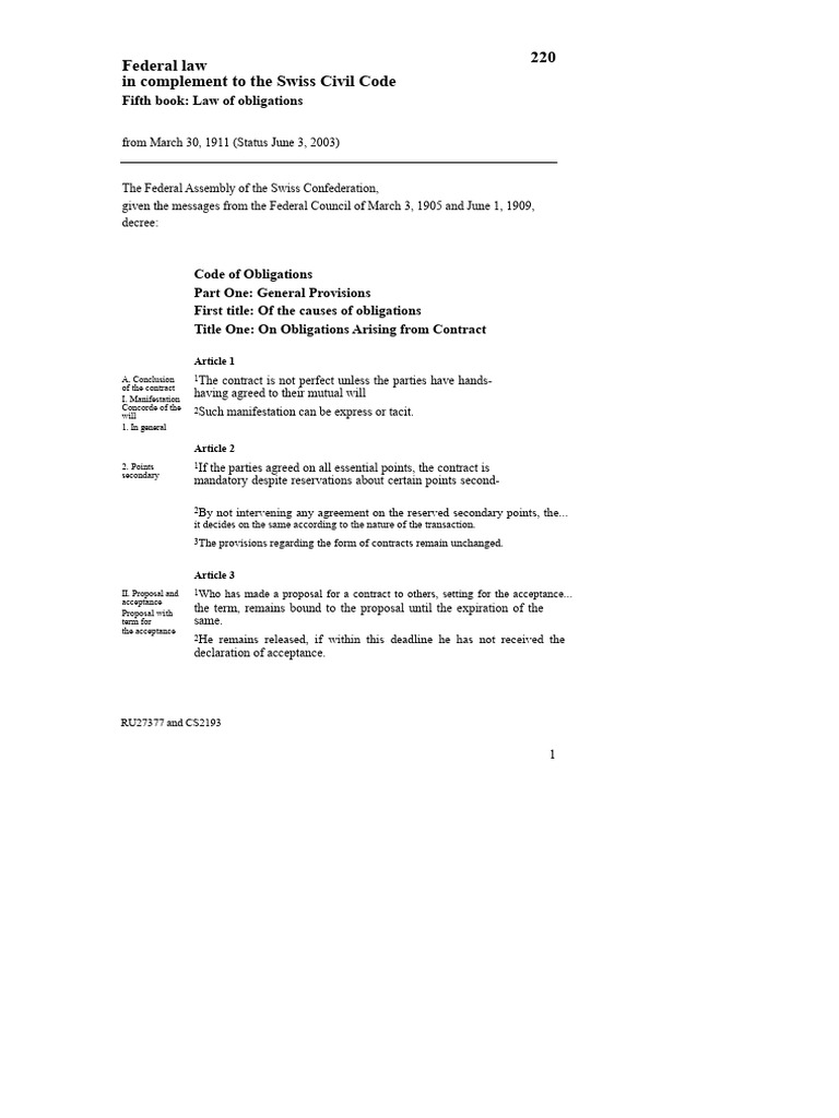 Swiss Code of Obligations Overview | PDF | Offer And Acceptance | Damages