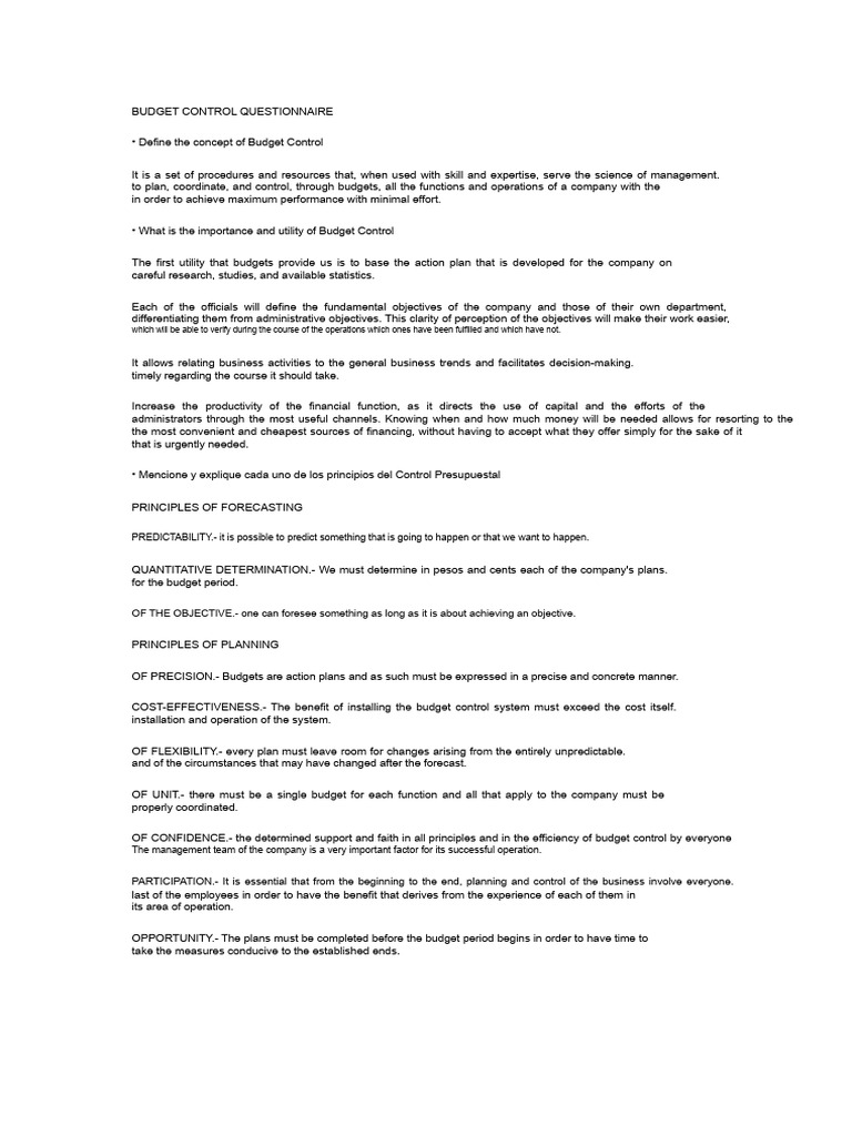 Budget Control Questionnaire | PDF | Expense | Budget