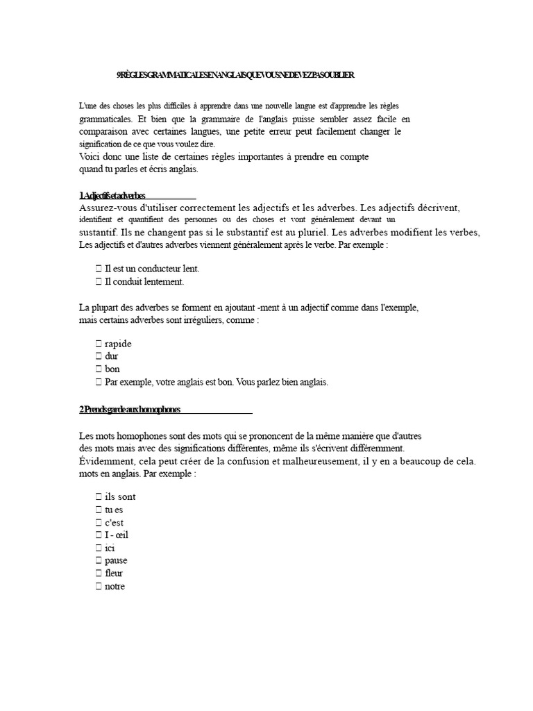 9 Règles de Grammaire Anglaise Essentielles | PDF | Verbe | Adverbe