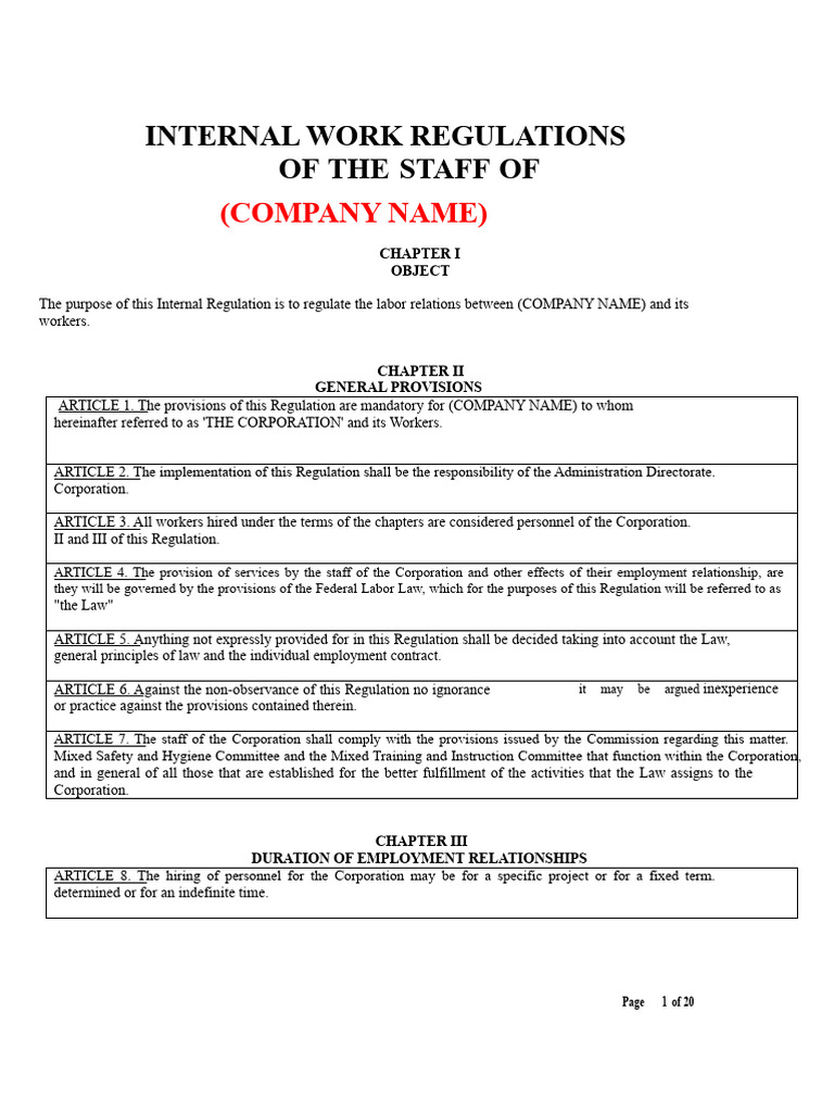 Internal Work Regulations Format | PDF | Employment | Overtime