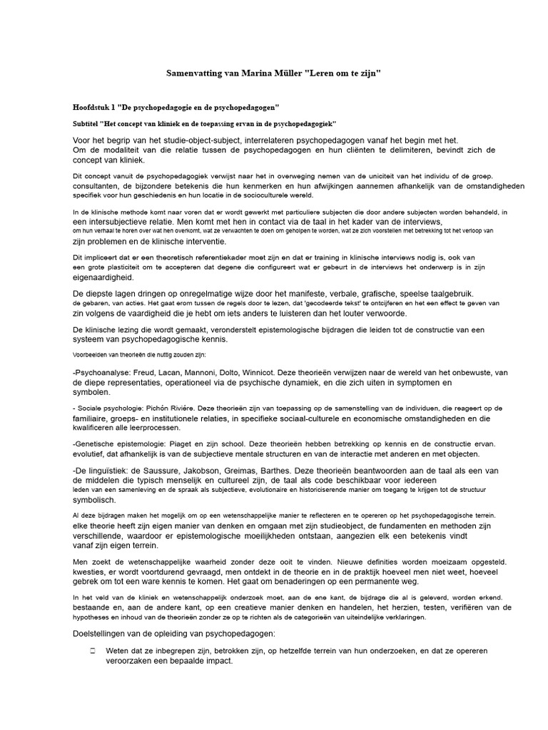 Samenvatting Hoofdstuk I en Iii Marina Muller Leren Om Te Zijn | PDF