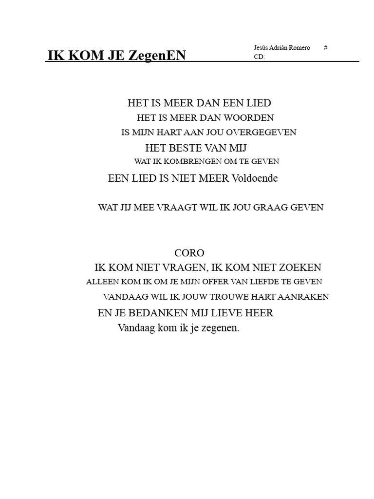 Ik Kom Je Te Zegenen - Tekst | PDF