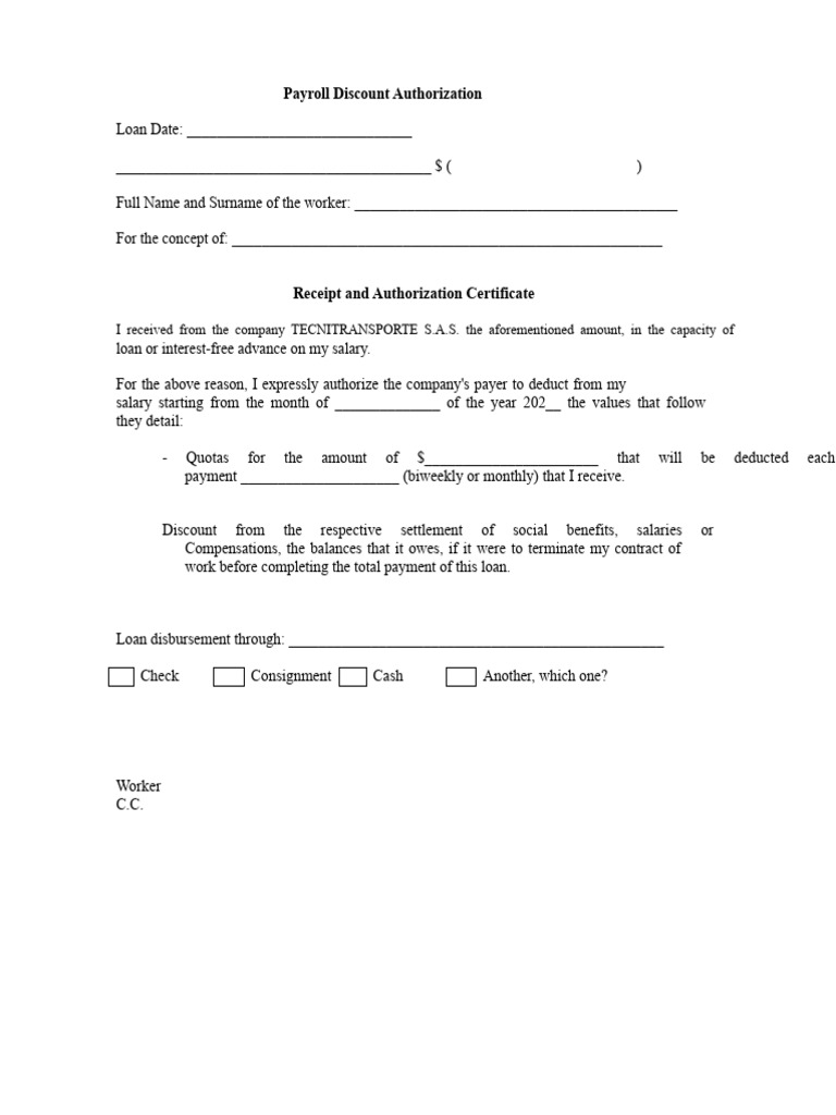 Payroll Loan Discount Authorization Form | PDF