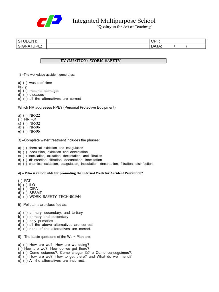 Workplace Safety Evaluation Quiz | PDF | Occupational Safety And Health ...