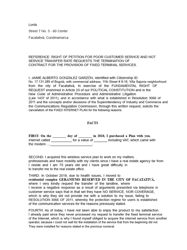 Petition to Terminate Internet Contract | PDF | Internet | Justice