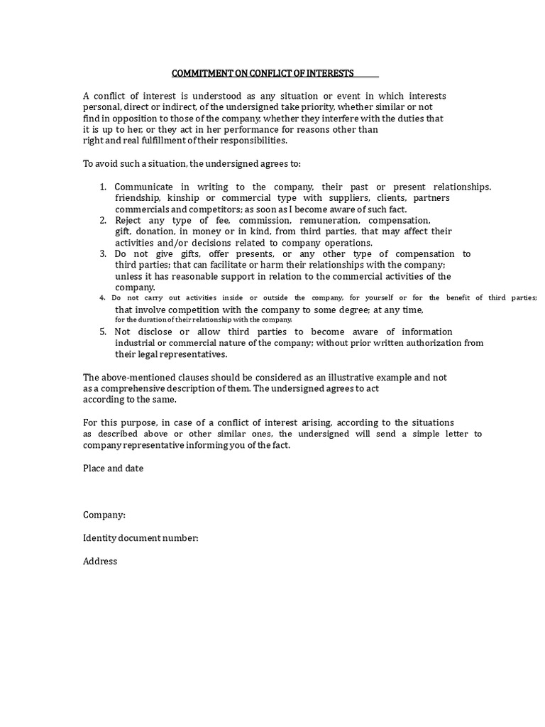 Conflict of Interest Commitment Agreement | PDF