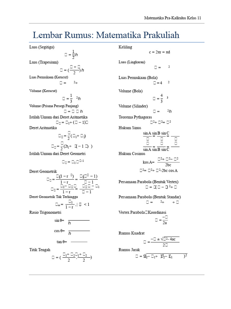 Lembar Rumus Pra Kalkulus Kelas 11 | PDF