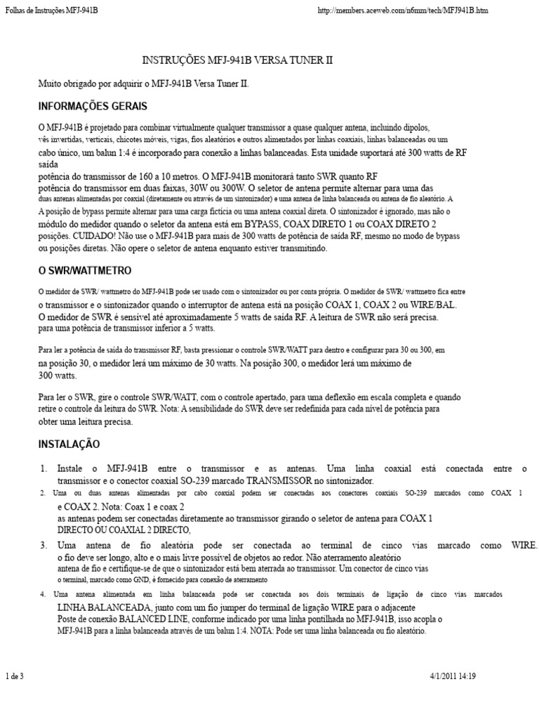Instruções MFJ-941B Versa Tuner II | PDF | Antena (rádio ...