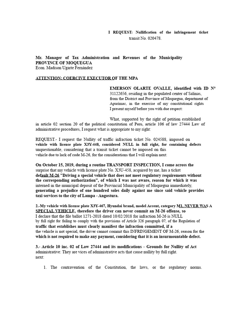 Nullification Request for Traffic Ticket | PDF | Traffic Ticket | Annulment