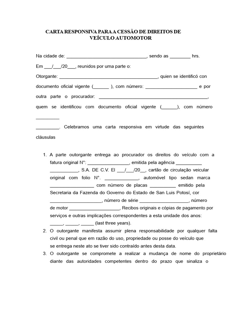 Carta Responsiva De Cess o De Ve culo PDF