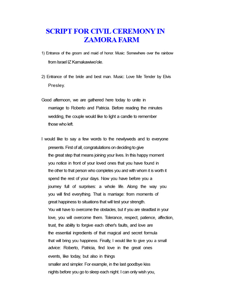 Civil Ceremony Script for Zamora Farm | PDF | Wedding | Marriage