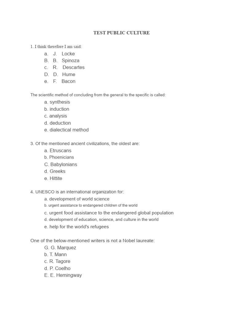 Test Questions on Culture and Literature | PDF | Word | Psychology