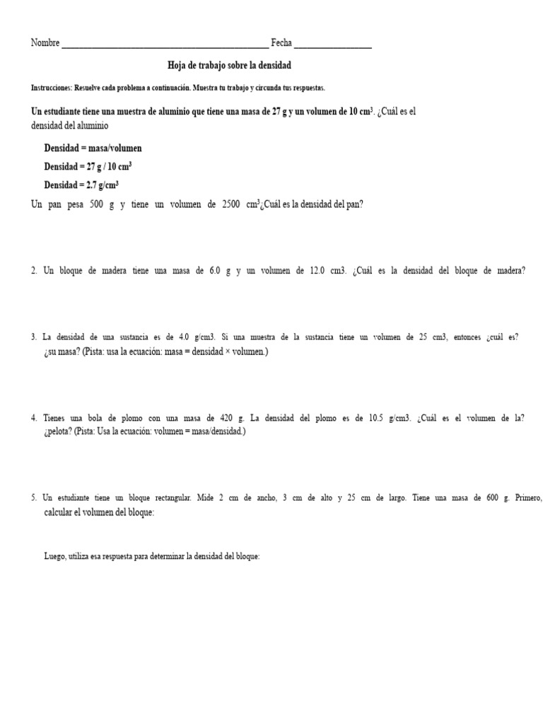 Hoja de Práctica de Densidad | PDF