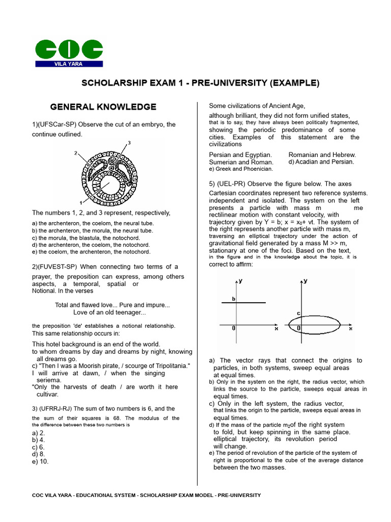COC SCHOLARSHIP TEST - EXAMPLE 1.pdf | PDF | Photon | Electron